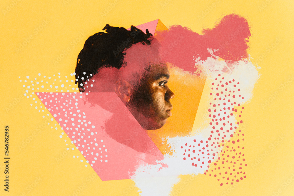 Analog collage portrait with color blocks and circular brush strokes ...