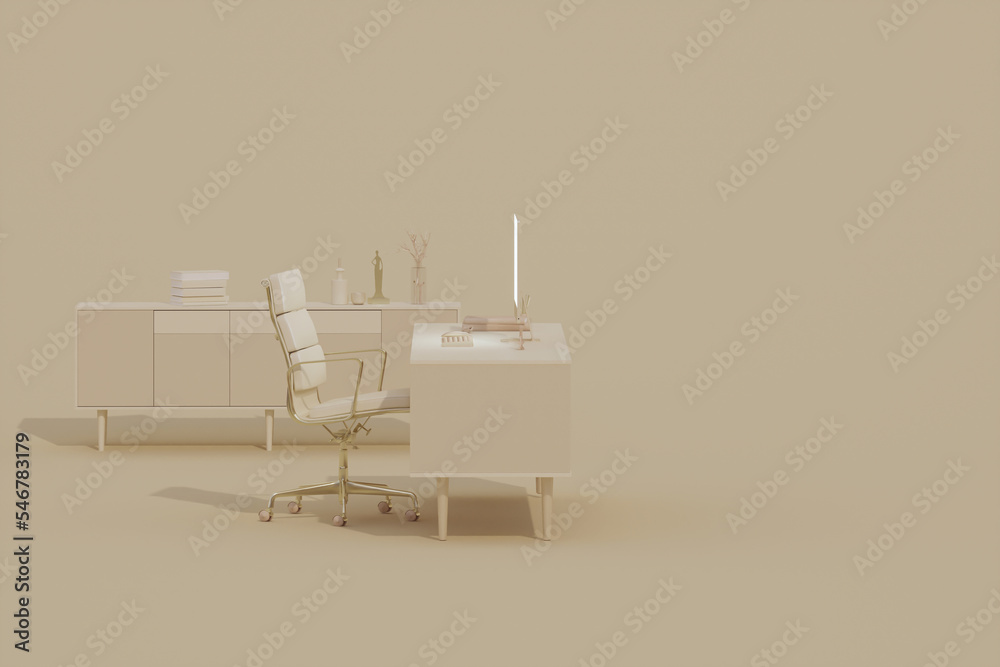 Pastel beige monochrome minimal office table desk. Minimal idea concept ...