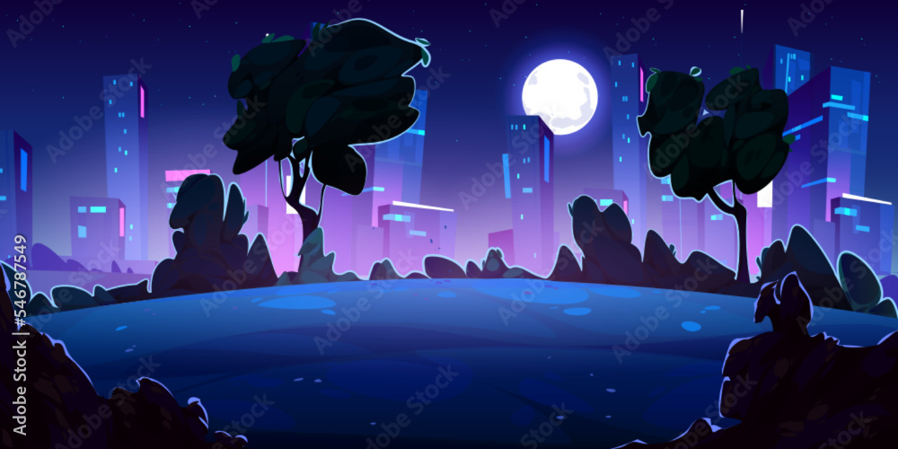 Vetor de Night cityscape background and moonlit urban park. Cartoon ...