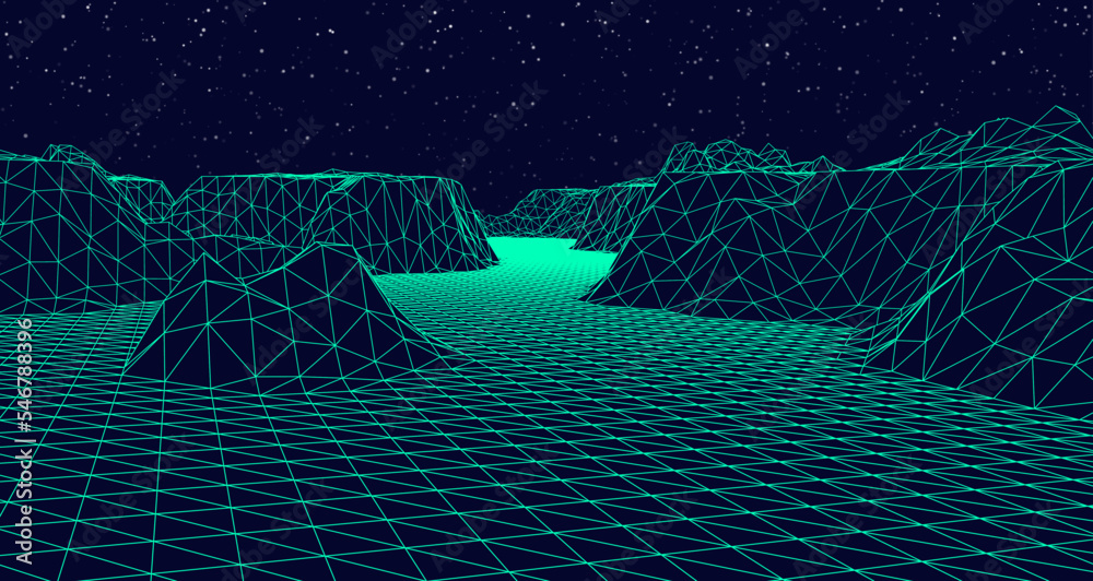 Abstract digital landscape. Wireframe landscape background with night ...