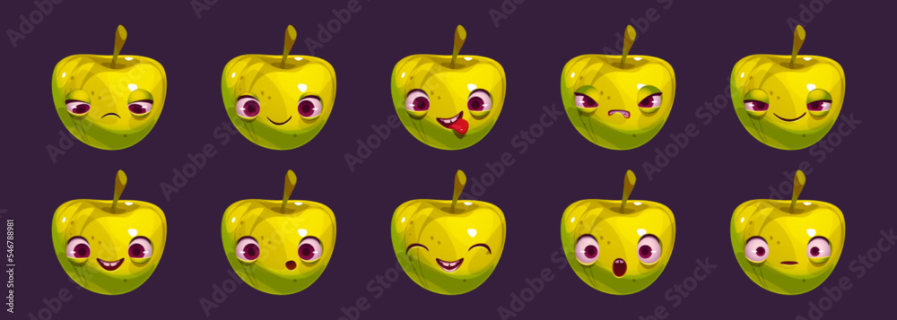 Cartoon green apple character with different emotions on face. Set of ...