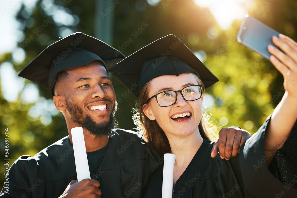 Selfie, college graduation and students in university celebrate ...