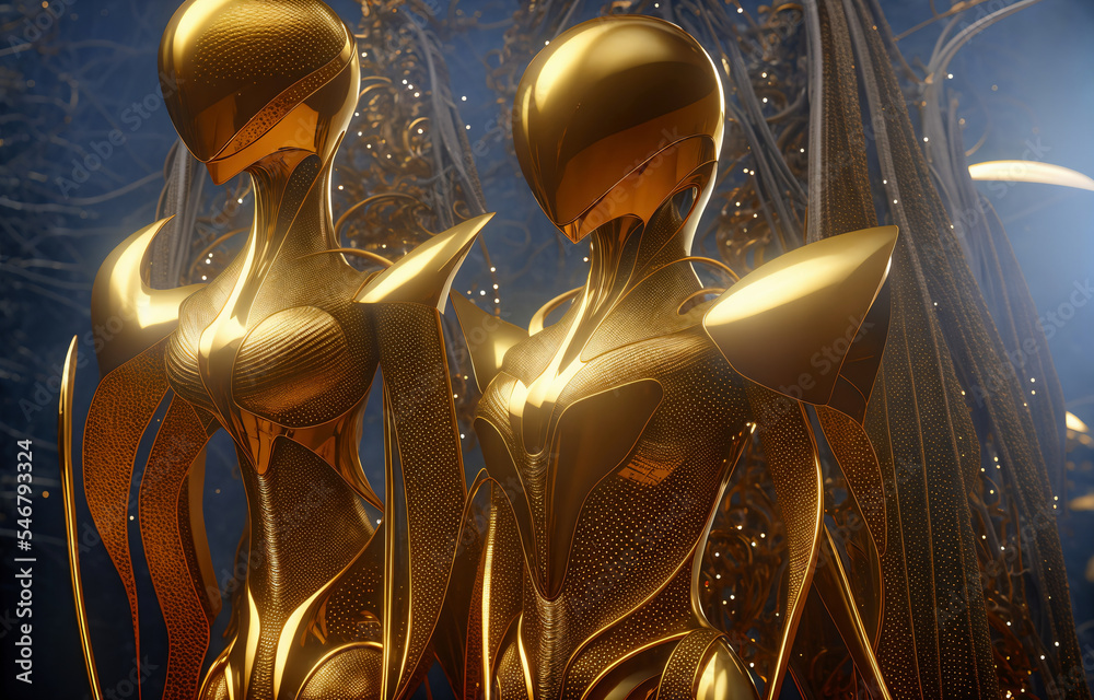 Illustrazione Stock two fantasy alien in golden armor suits staying in ...