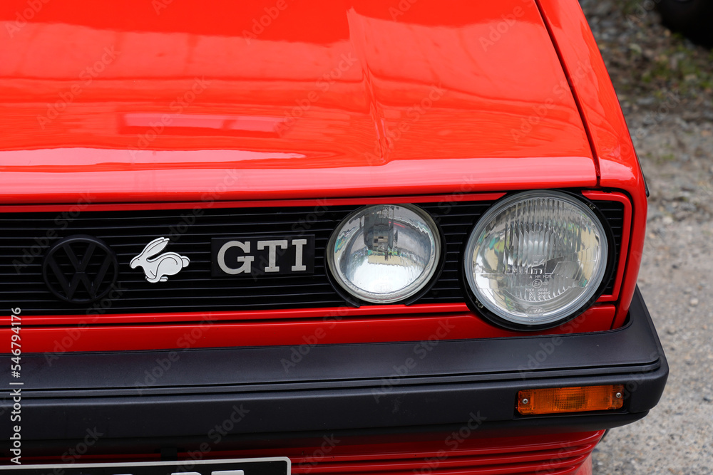 Volkswagen Golf 1 car rabbit gti logo brand and text sign seventies red ...