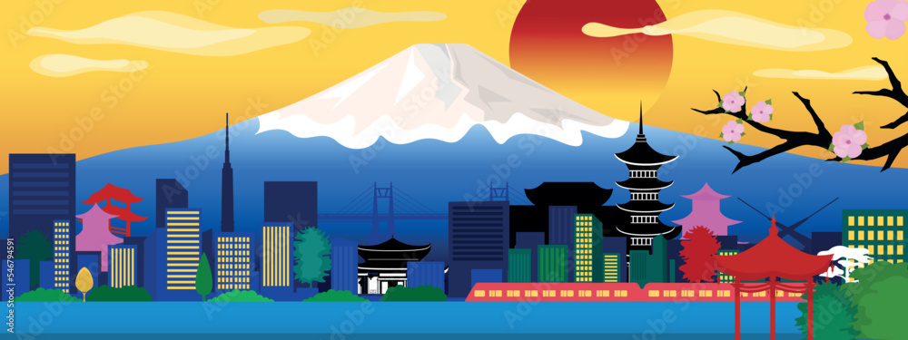 Vector poster with Japanese city view. Japanese traditional characters ...