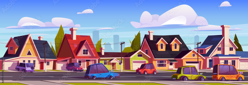 Suburb street with houses and driving cars, suburban with residential ...