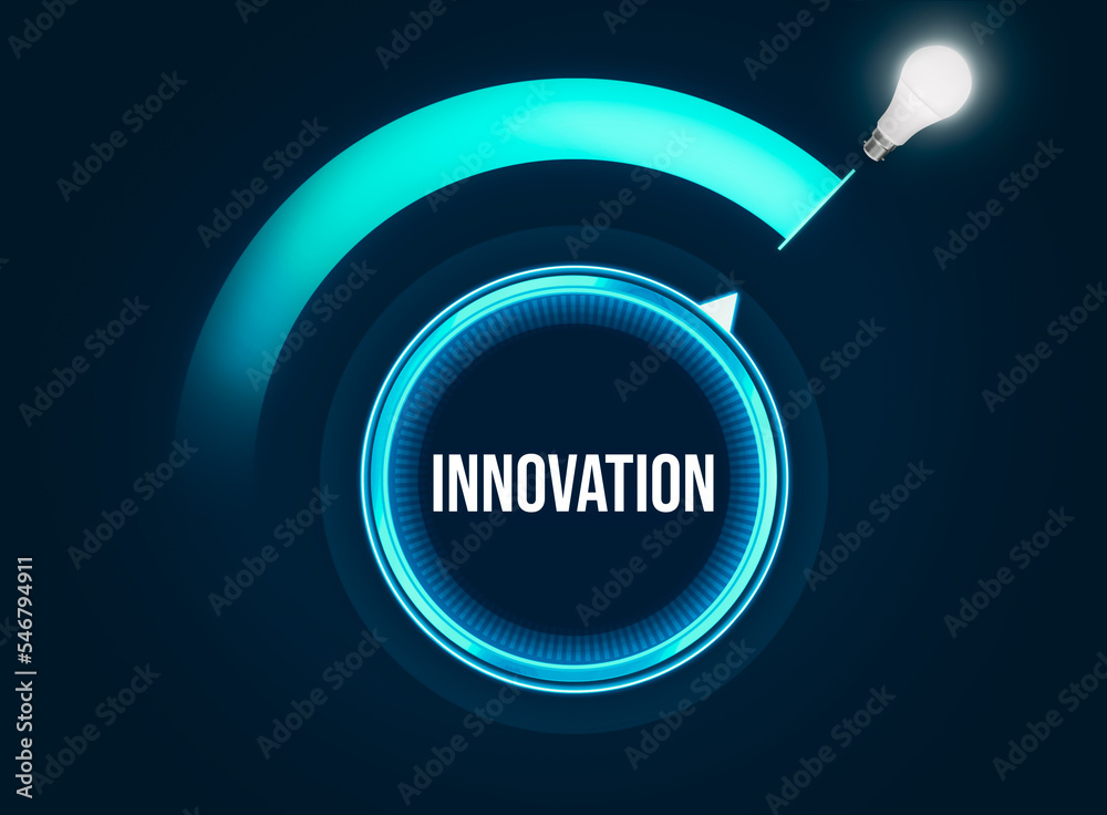 Blue Innovation meter background with glowing bulb and button handle ...