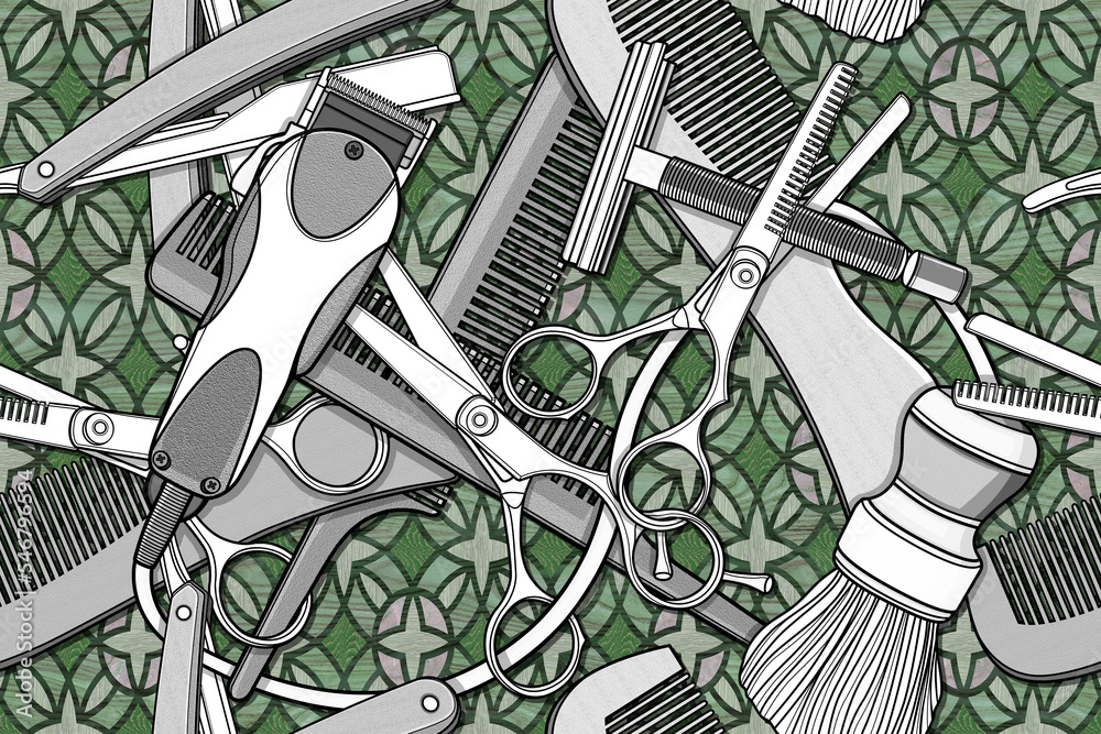 Seamless barber tools pattern design illustration, pattern for fabric ...