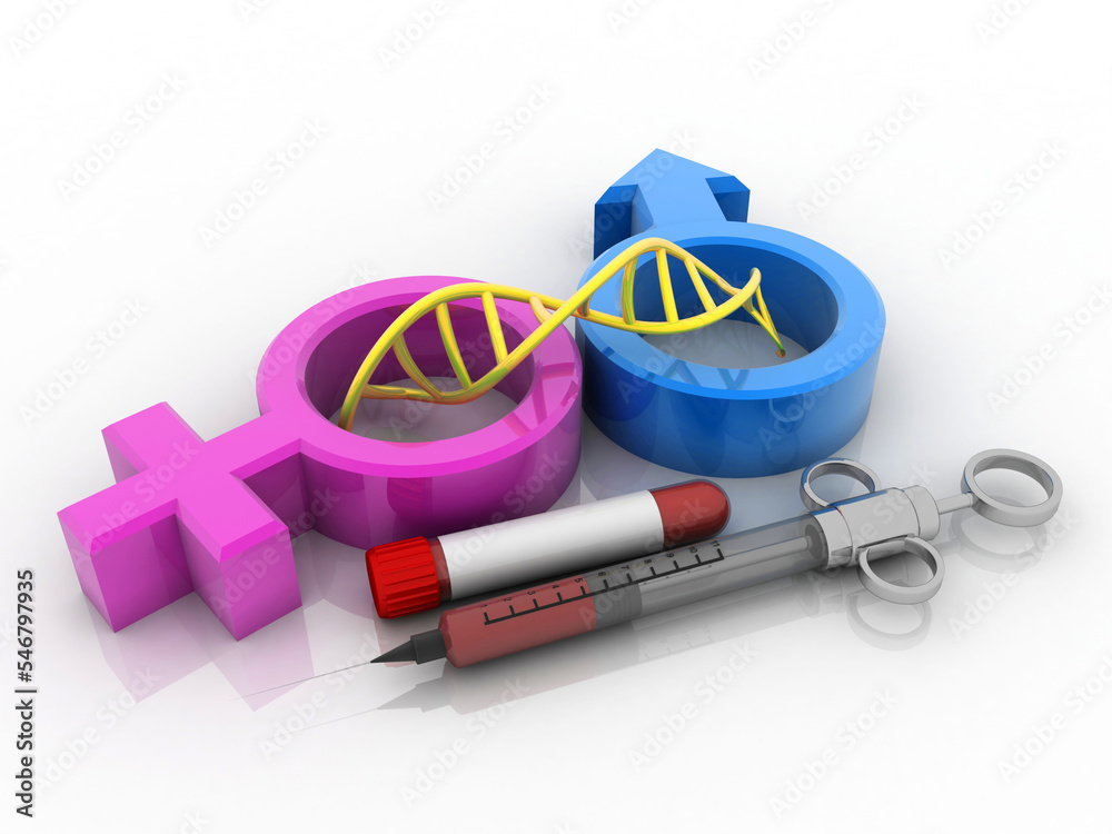 3D rendering Gender symbols of man and woman with DNA near blood sample ...