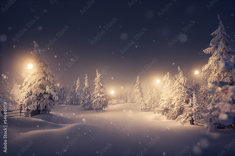 Festive and fabulous Christmas trees in the snow, winter forest ...