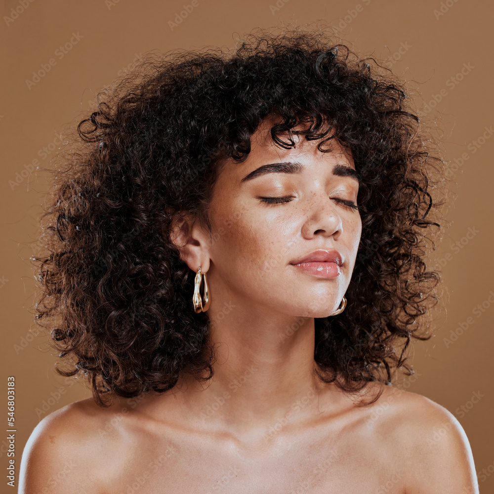 Woman, beauty and freckles, curly hair and facial treatment, makeup and ...