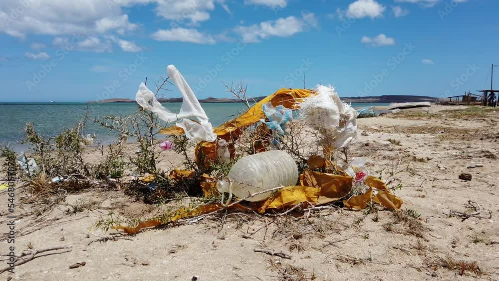 plastic waste pollutes the sea and beaches on the Caribbean ocean coast ...