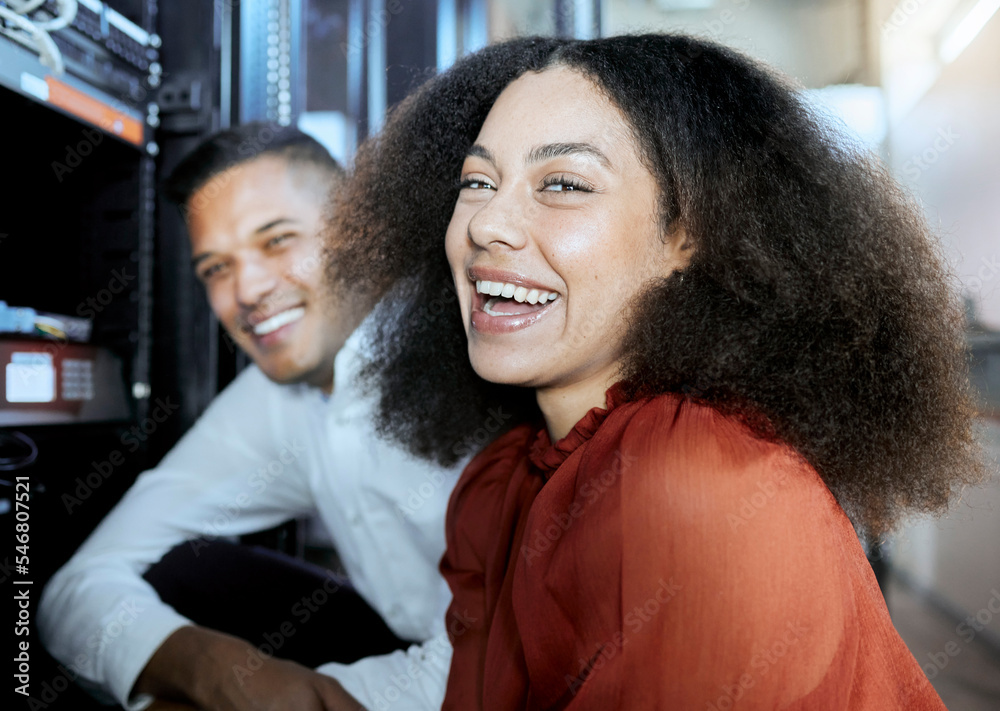 Portrait, black woman and information technology, server and happy ...
