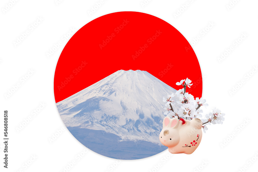 Old ceramic rabbit and mount fuji red circle on transparent background ...