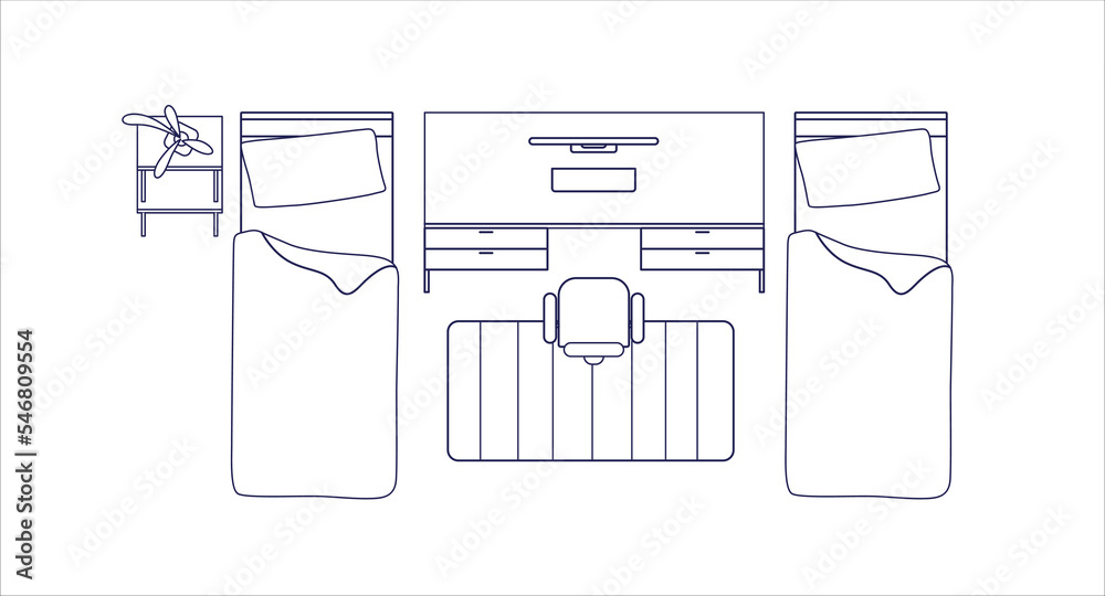 Bedroom and workplace, outlined interior floor plan, top view. Twin ...