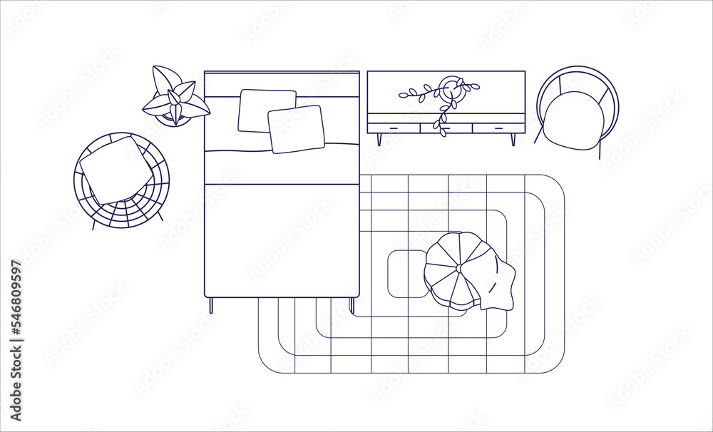 Bedroom interior layout, top view. Overhead double bed, armchairs ...