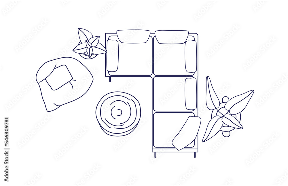 Living room interior overhead. Corner sofa, couch, cushions, coffee ...