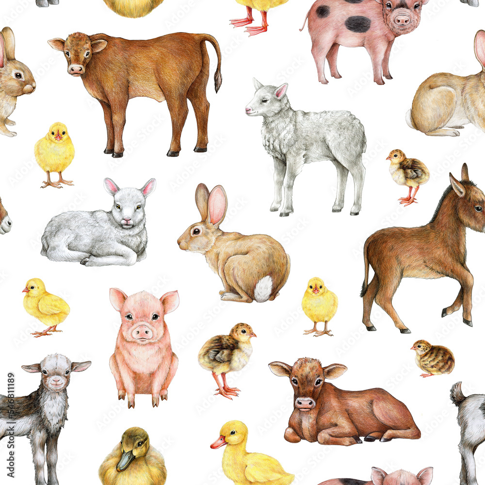 Farm animals seamless pattern. Watercolor illustration. Hand drawn ...