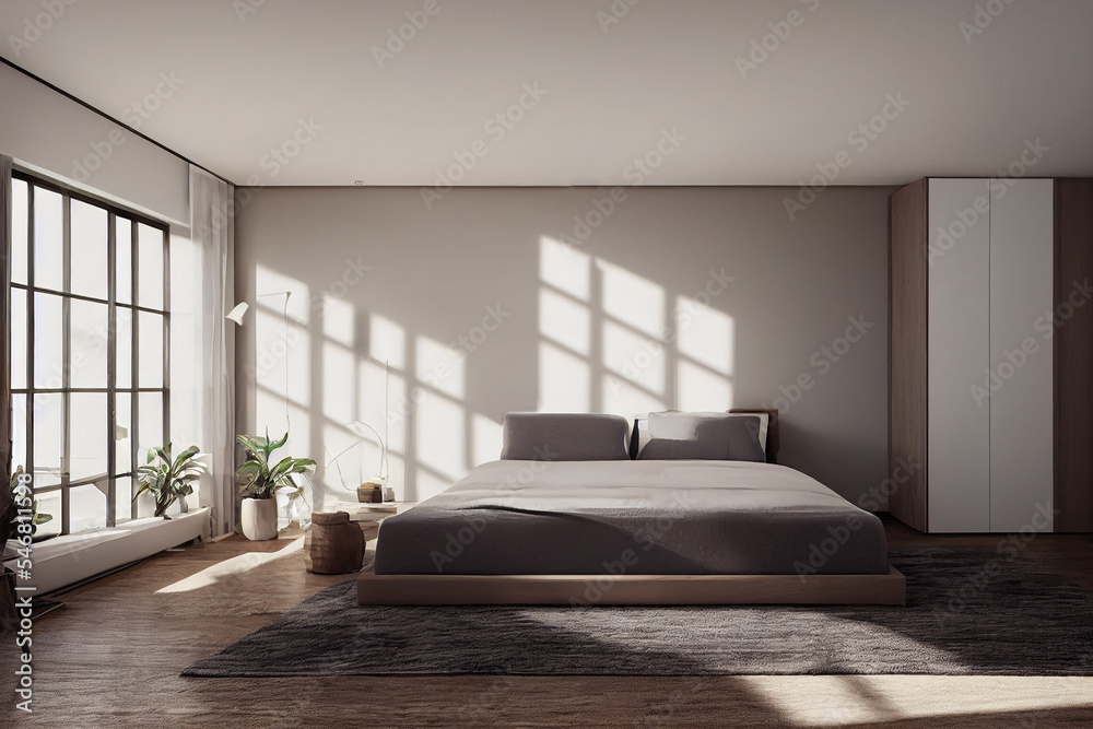 Bedroom window interior next to a bright window , illustation render ...