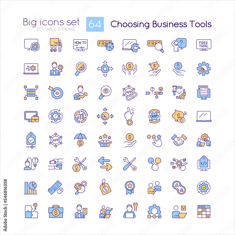 Choosing business tools RGB color icons set. Software selection. Brand ...
