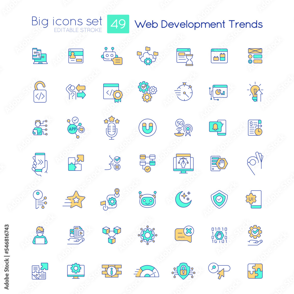 Web development trends RGB color big icons set. Website production ...