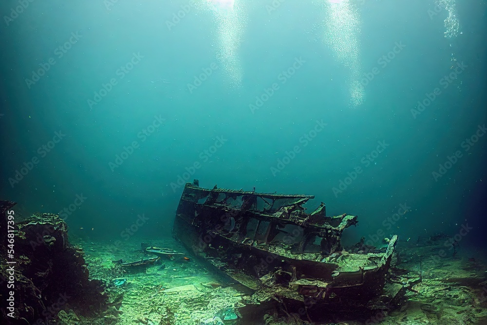 Diver underwater view of the wreckage of a wooden ship at the bottom of ...