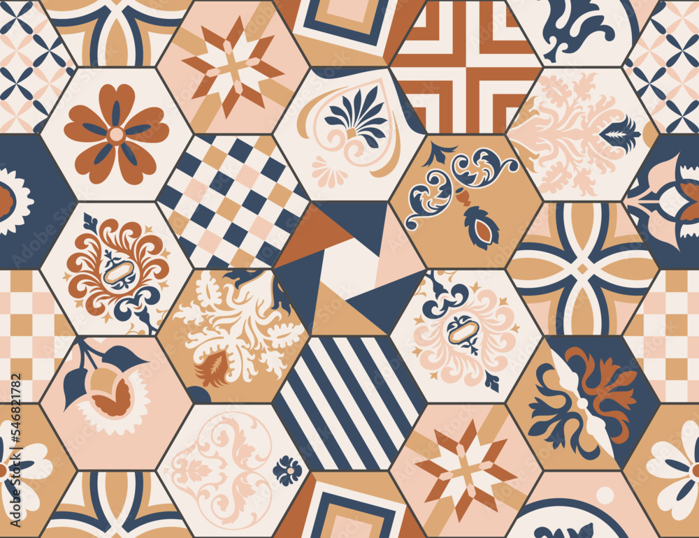 Azulejos tiles, hexagonal lozenge tiles. Patchwork wallpaper abstract ...