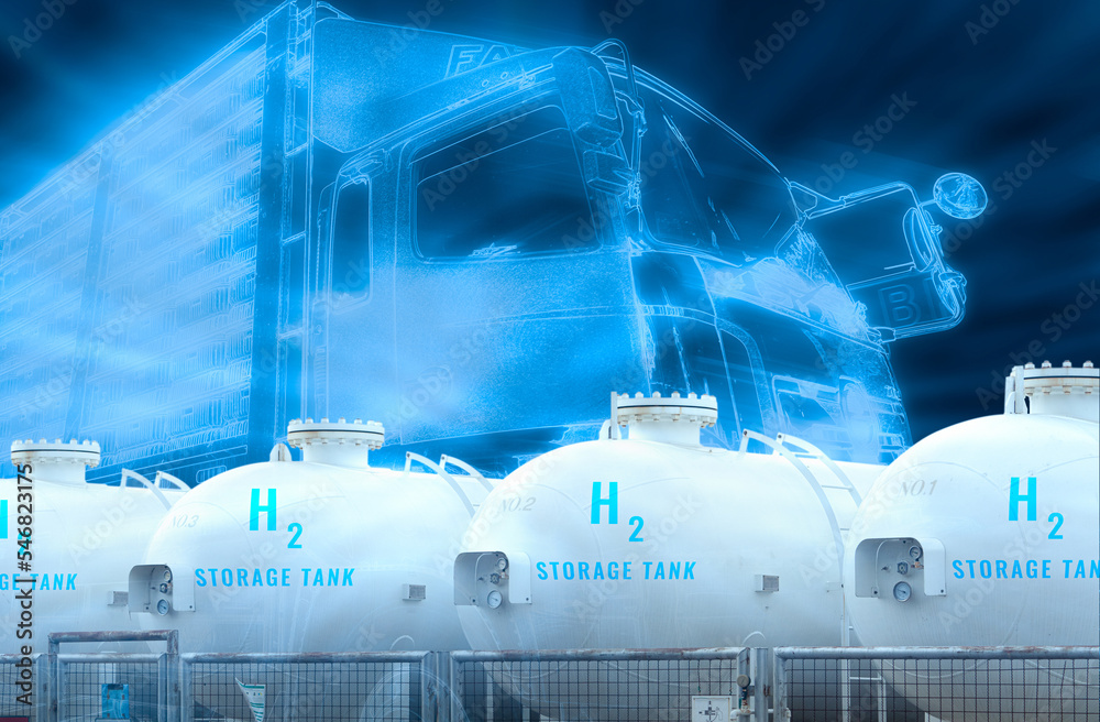 Electric truck with H2 fuel storage tank. Blue hydrogen concept ...