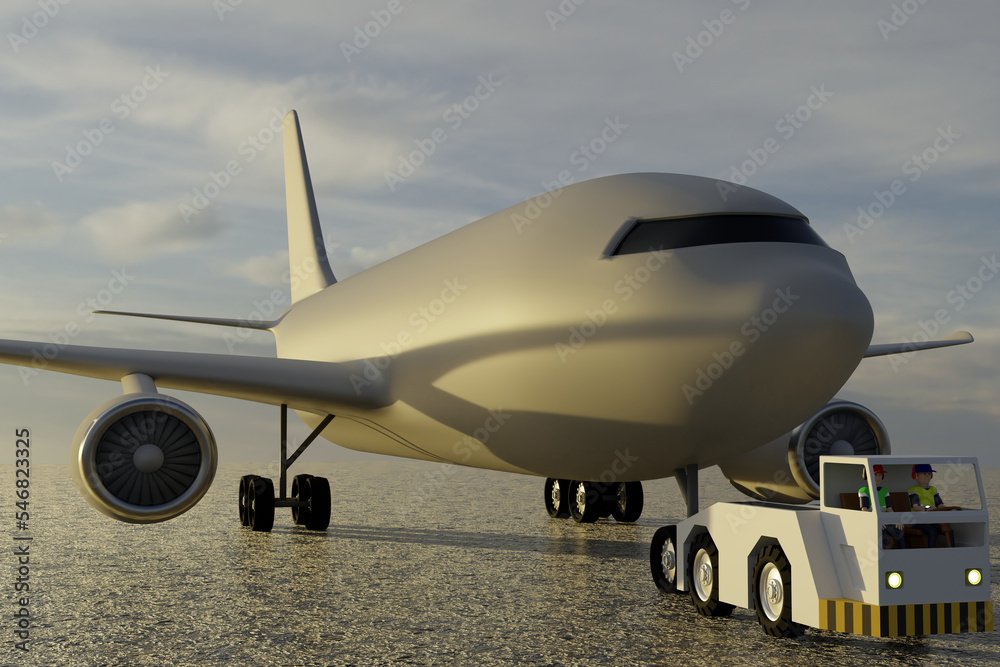 3D Illustration Pushback tractor tow the aircraft to its parking ...