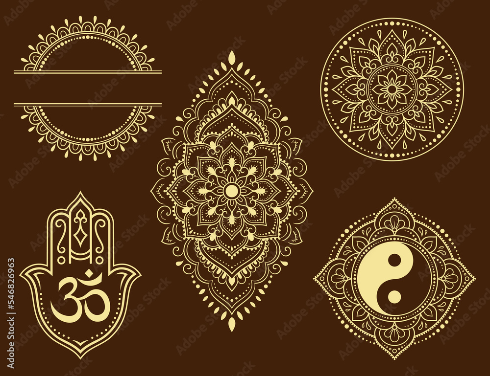 Set of Eastern ethnic religious symbols. Mandala with OM mantra, Yin ...