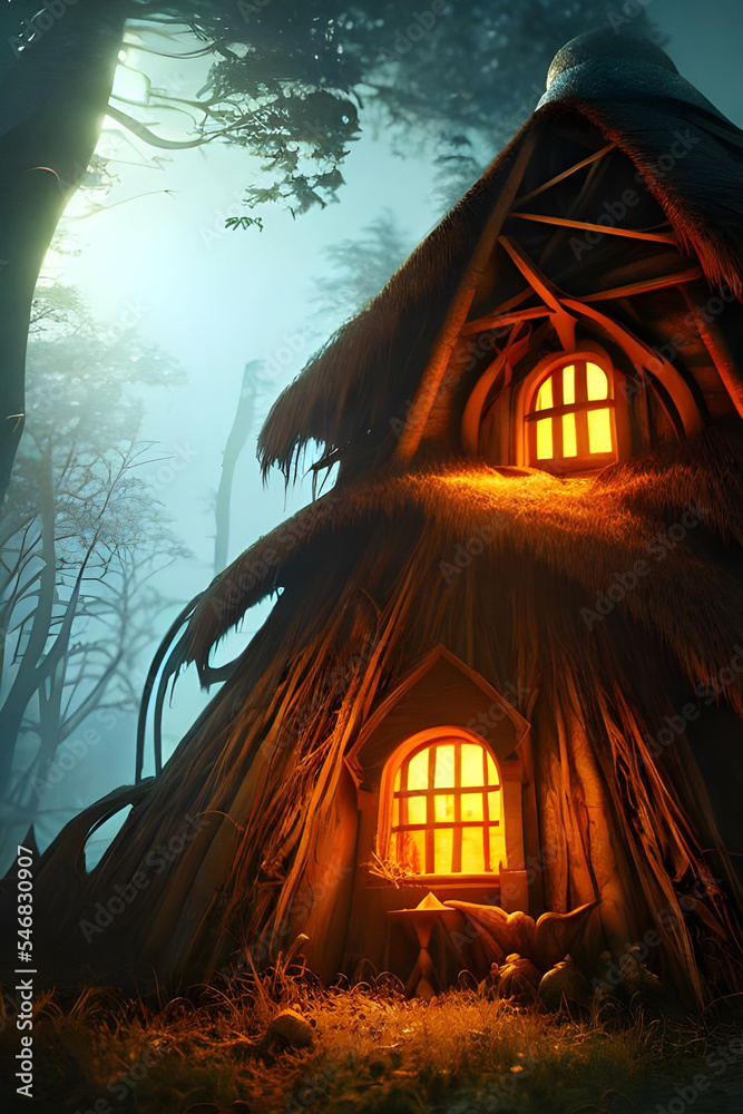 scary magic witch house / witch hut made of wood with lighted windows ...