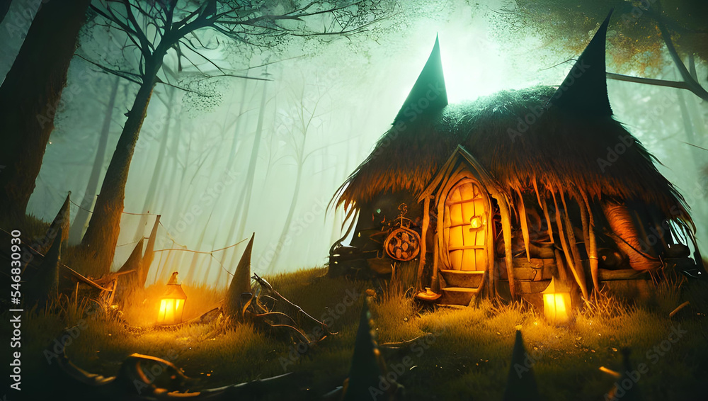 scary magic witch house / witch hut made of wood with lighted windows ...