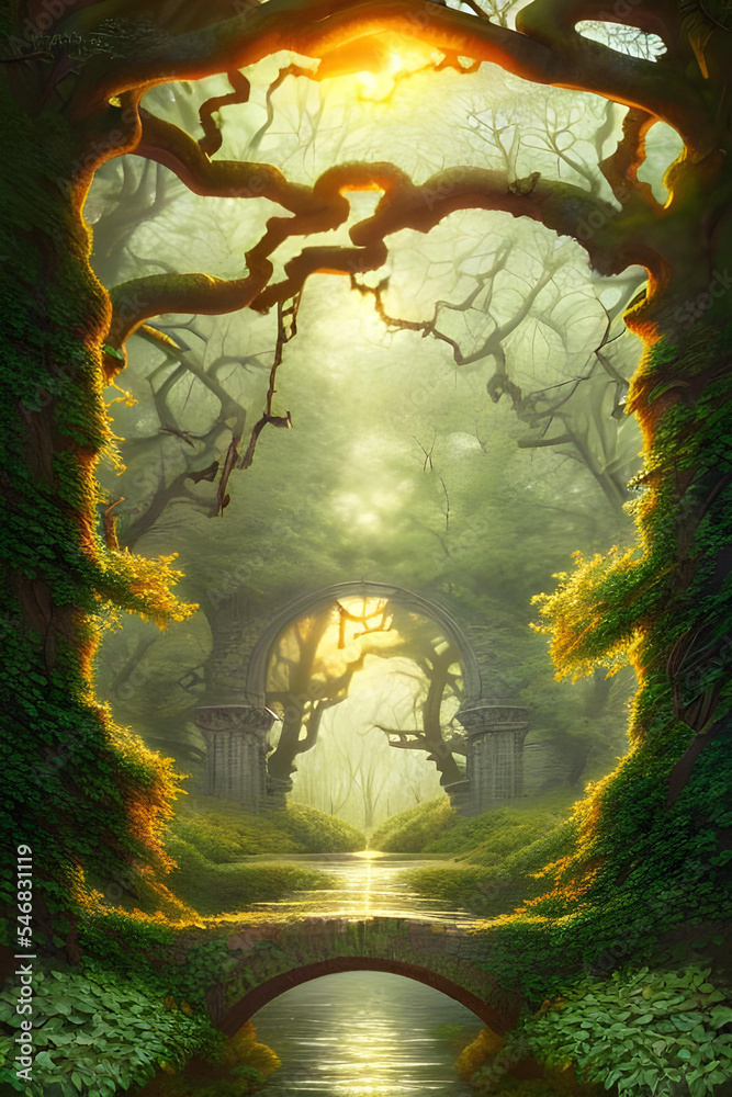 An old enchanted magical bridge over a river covered with ivy leaves ...