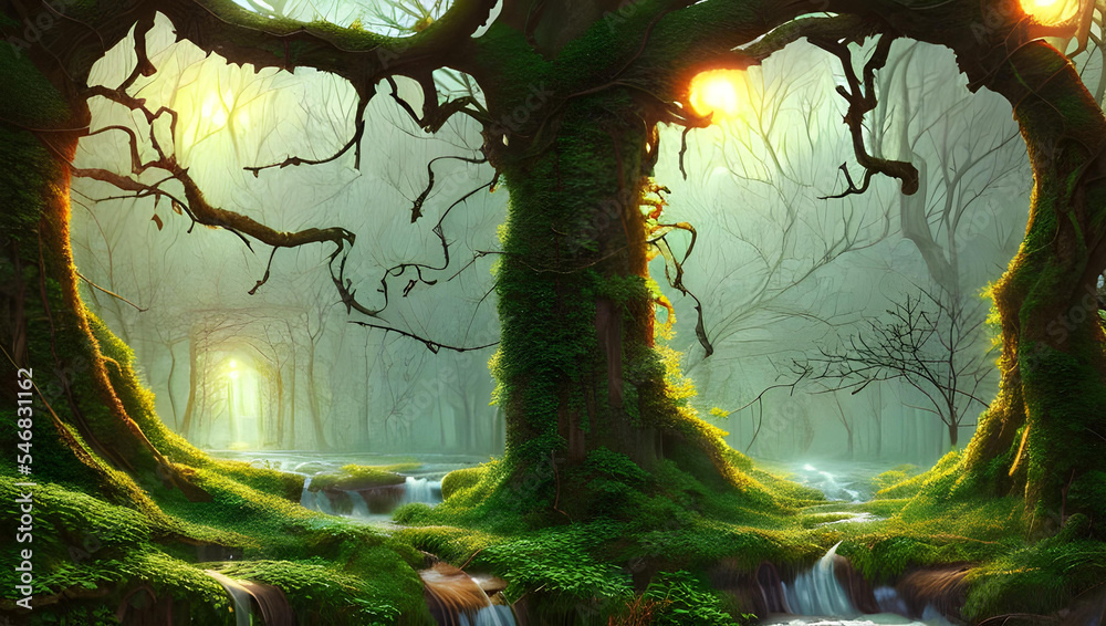 An old forest covered with ivy leaves framed by trees and branches with ...