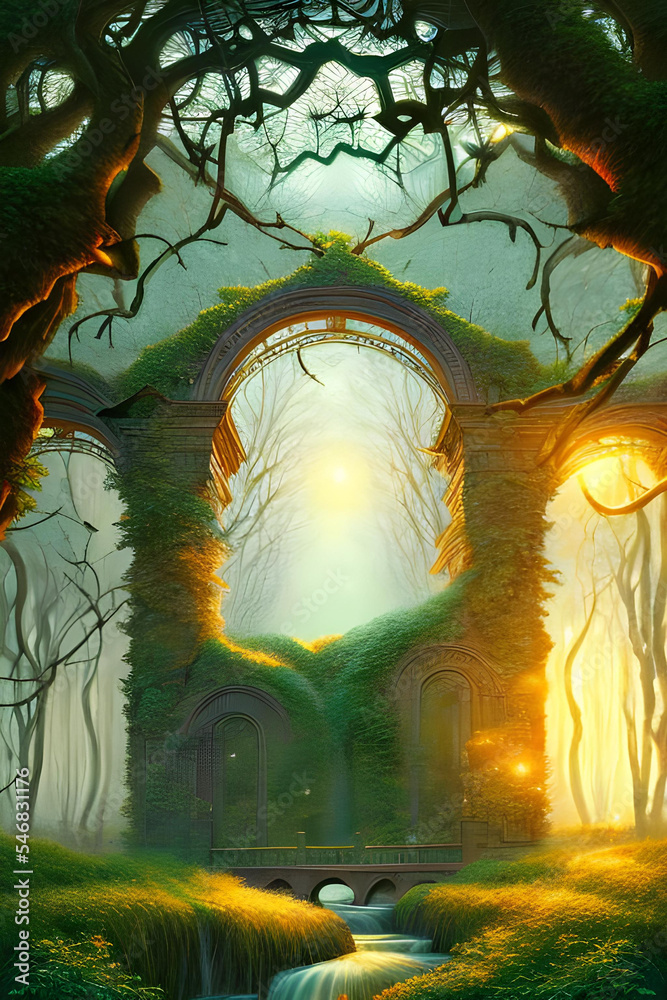 An old enchanted magical bridge over a river covered with ivy leaves ...
