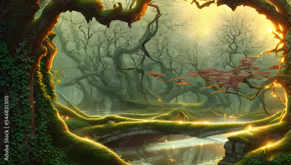 An old enchanted magical bridge covered with ivy leaves over a river ...