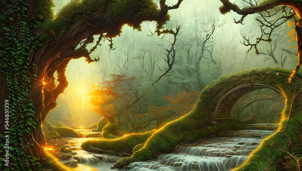 Ilustrace „An old enchanted magical bridge covered with ivy leaves over ...