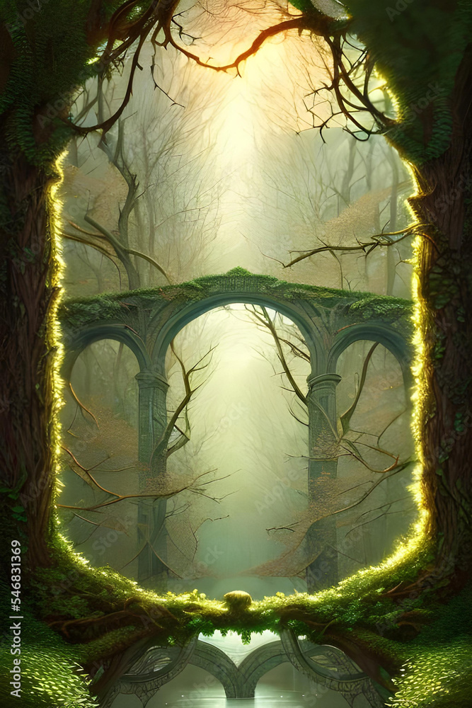 An old enchanted magical bridge covered with ivy leaves over a river ...