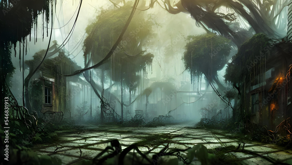 rotten / decayed city streets, overgrown with vegetation and hanging ...