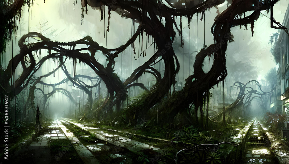 rotten / decayed city streets, overgrown with vegetation and hanging ...