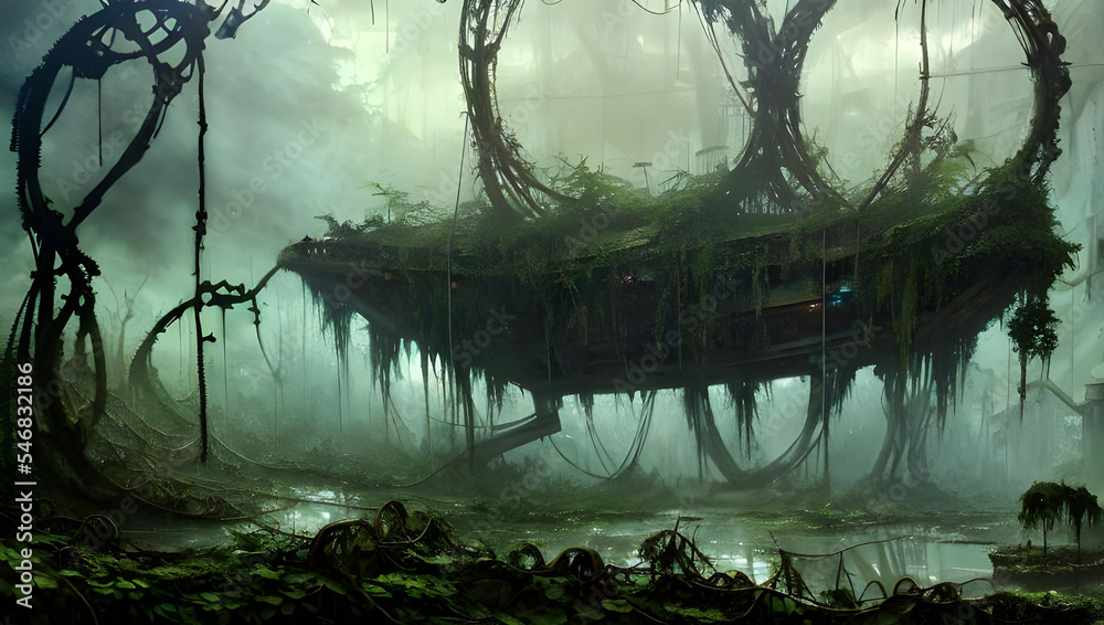 rotten / decayed boat / yacht, overgrown with vegetation and hanging ...