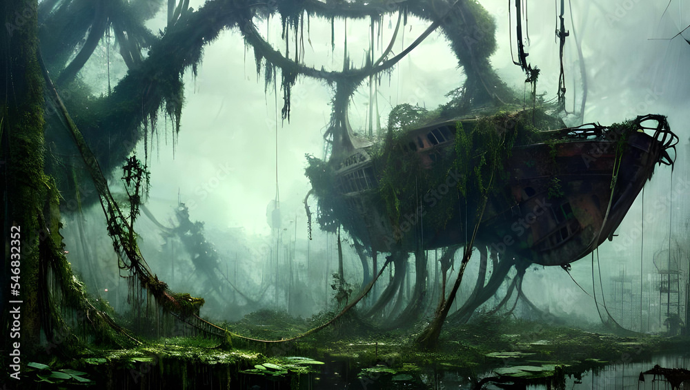 rotten / decayed boat / yacht, overgrown with vegetation and hanging ...