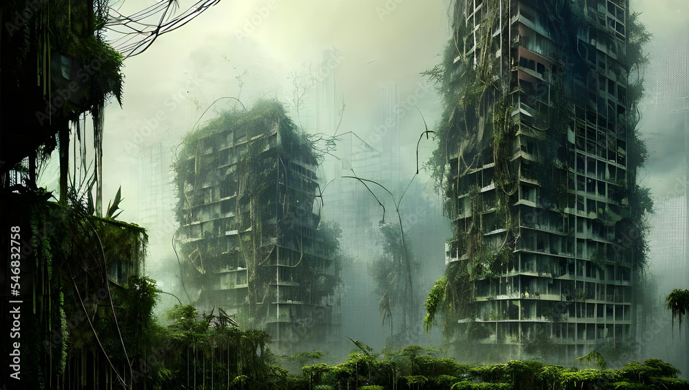 rotten / decayed city skyline with skyscrapers, overgrown with ...