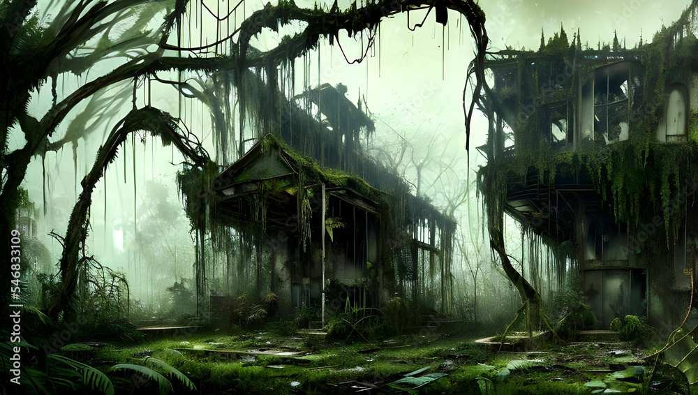 rotten / decayed house, overgrown with vegetation and hanging vines in ...