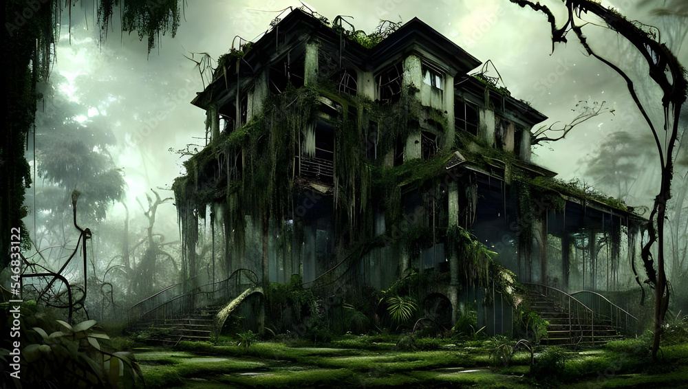 rotten / decayed mansion, overgrown with vegetation and hanging vines ...