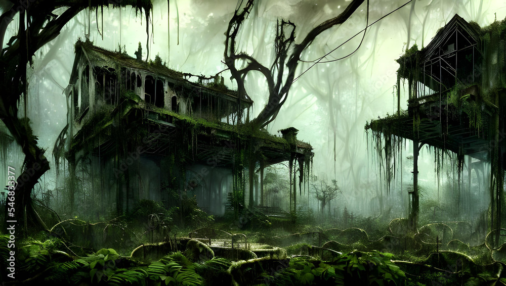 rotten / decayed house, overgrown with vegetation and hanging vines in ...