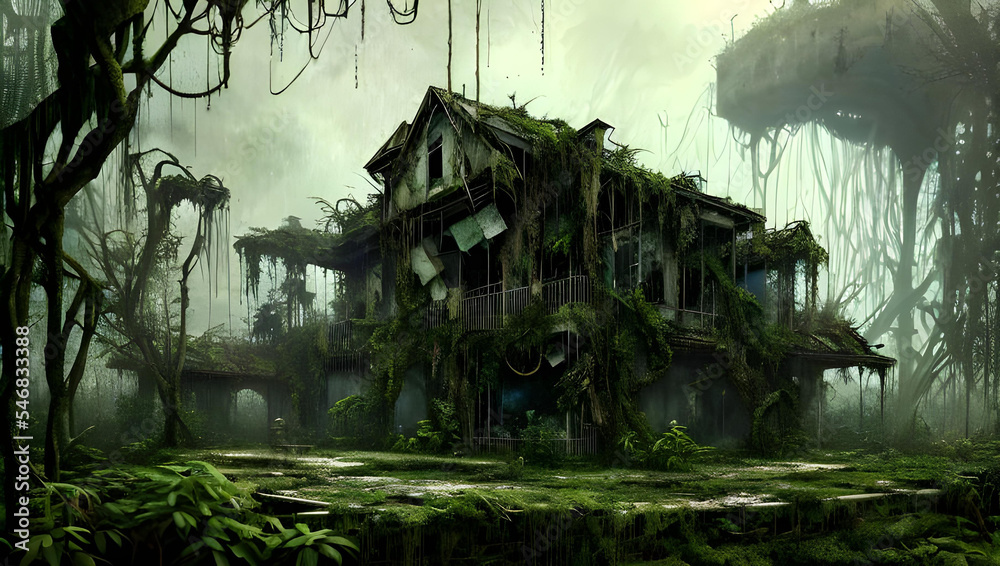 rotten / decayed house, overgrown with vegetation and hanging vines in ...