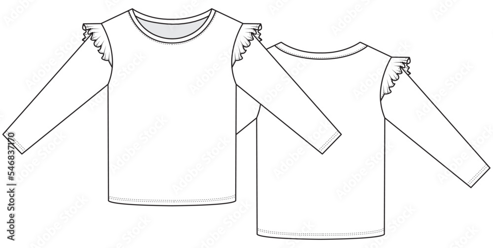 girls long sleeve crew neck t shirt with frill shoulder flat sketch ...
