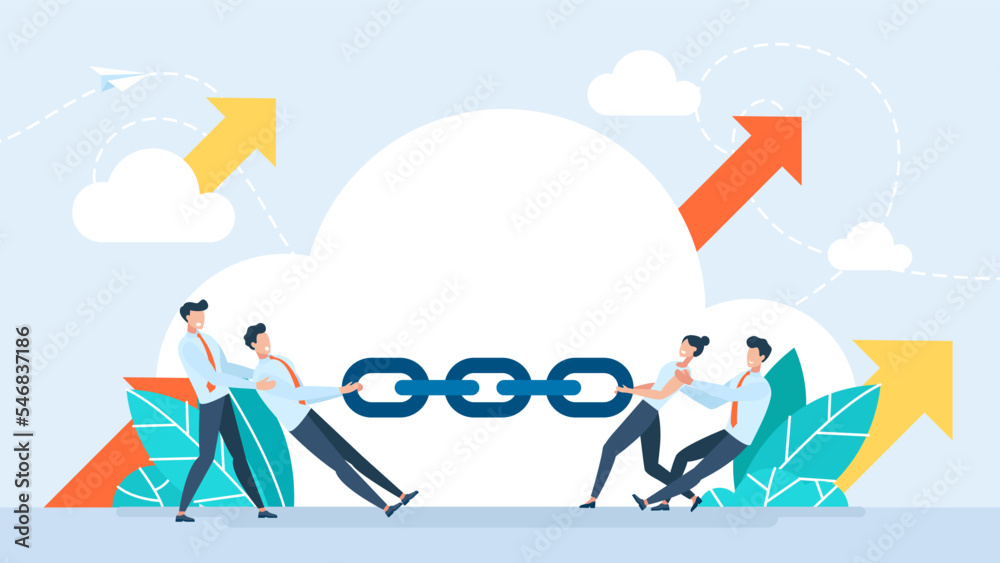 Business competition. Businessmen and Businesswomen pull the chain as a ...