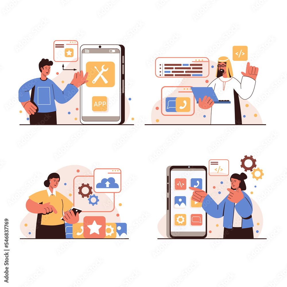 App development people concept isolated scenes set. Men and women ...